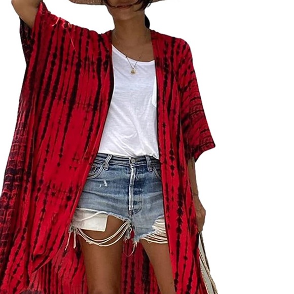Think Vintage Online | Tops | Red Black Open Front Womans Kimono Nwt ...